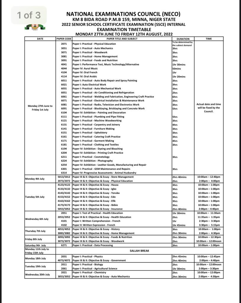 NECO 2026 Examination Timetable (Confirmed Schedule)