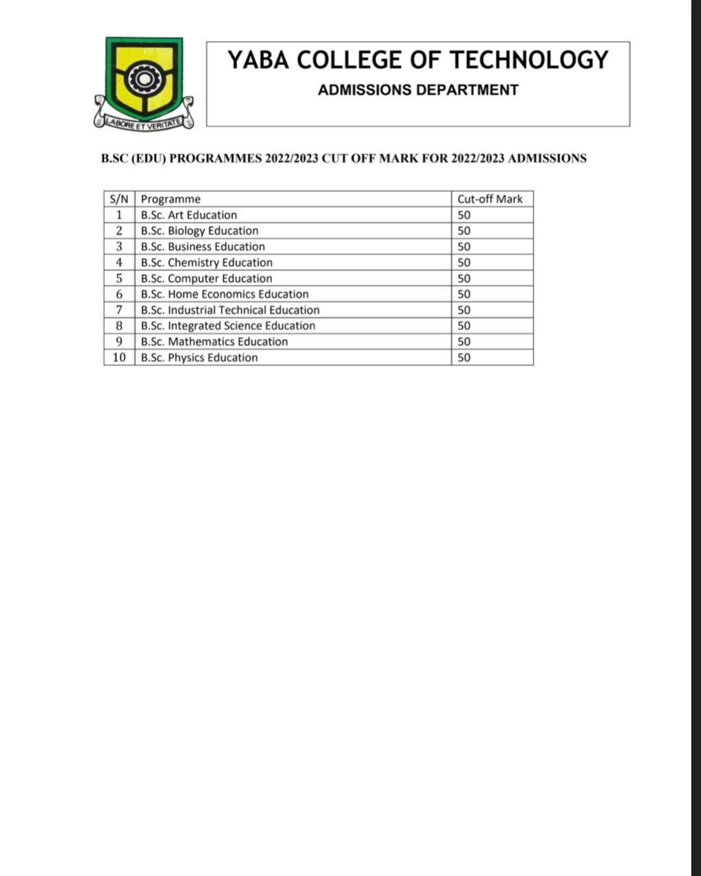 YABATECH ND and BSc cut off marks, 2022/2023