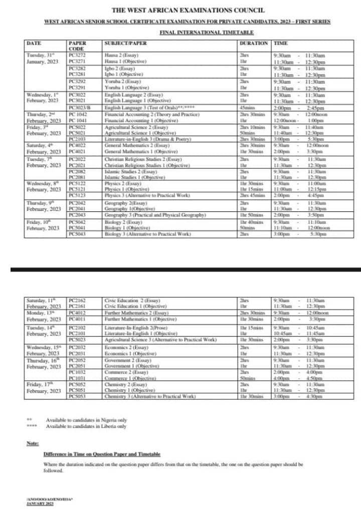 WAEC RELEASES 2023 GCE, FIRST SERIES EXAMINATION TIMETABLE